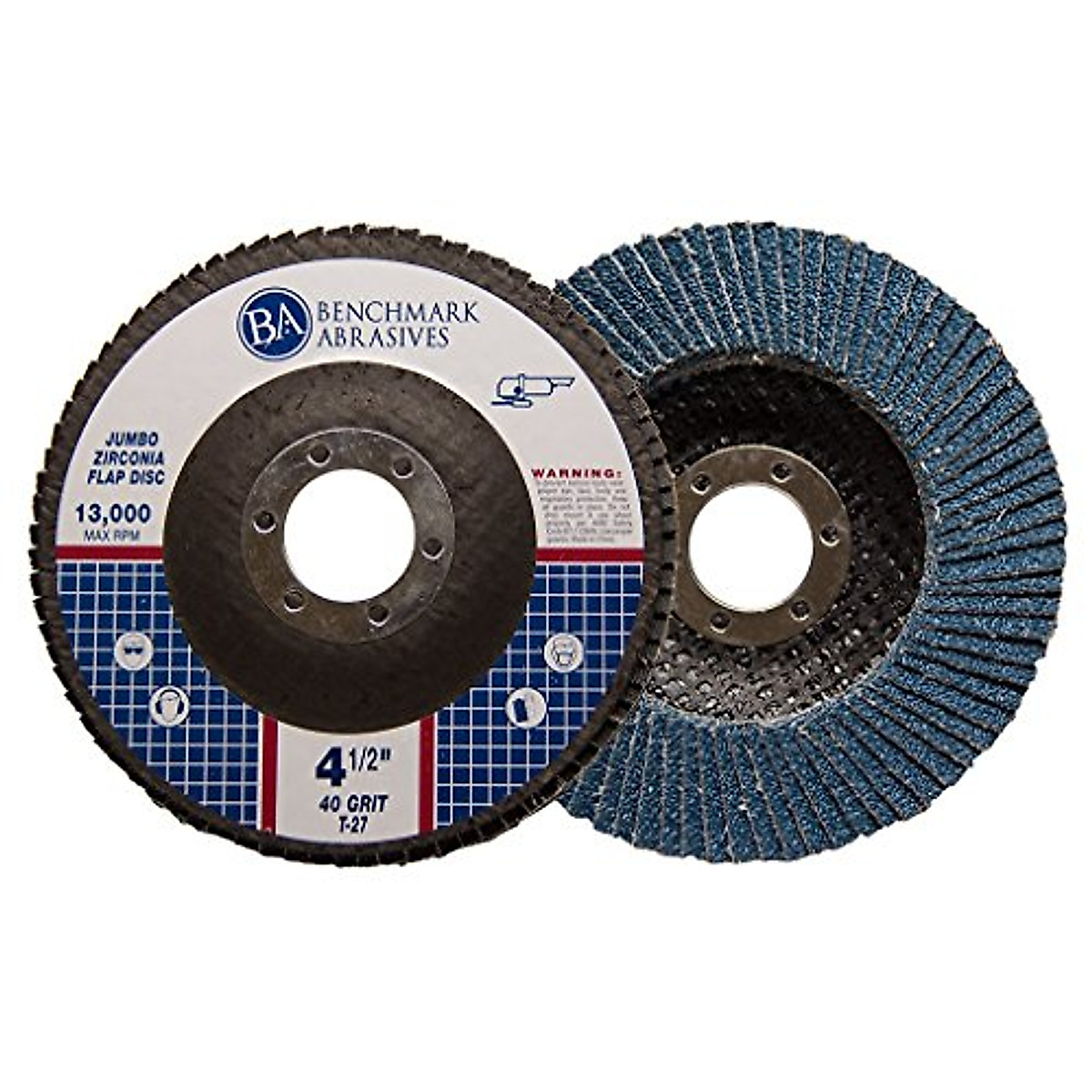 Benchmark Abrasives 4.5" x 7/8" Premium High-Density Jumbo Zirconia Type 27 Flap Discs for Sanding, Stock and Rust Removal, Finishing, Grinding, Deburring (10 Pack) - 40 Grit
