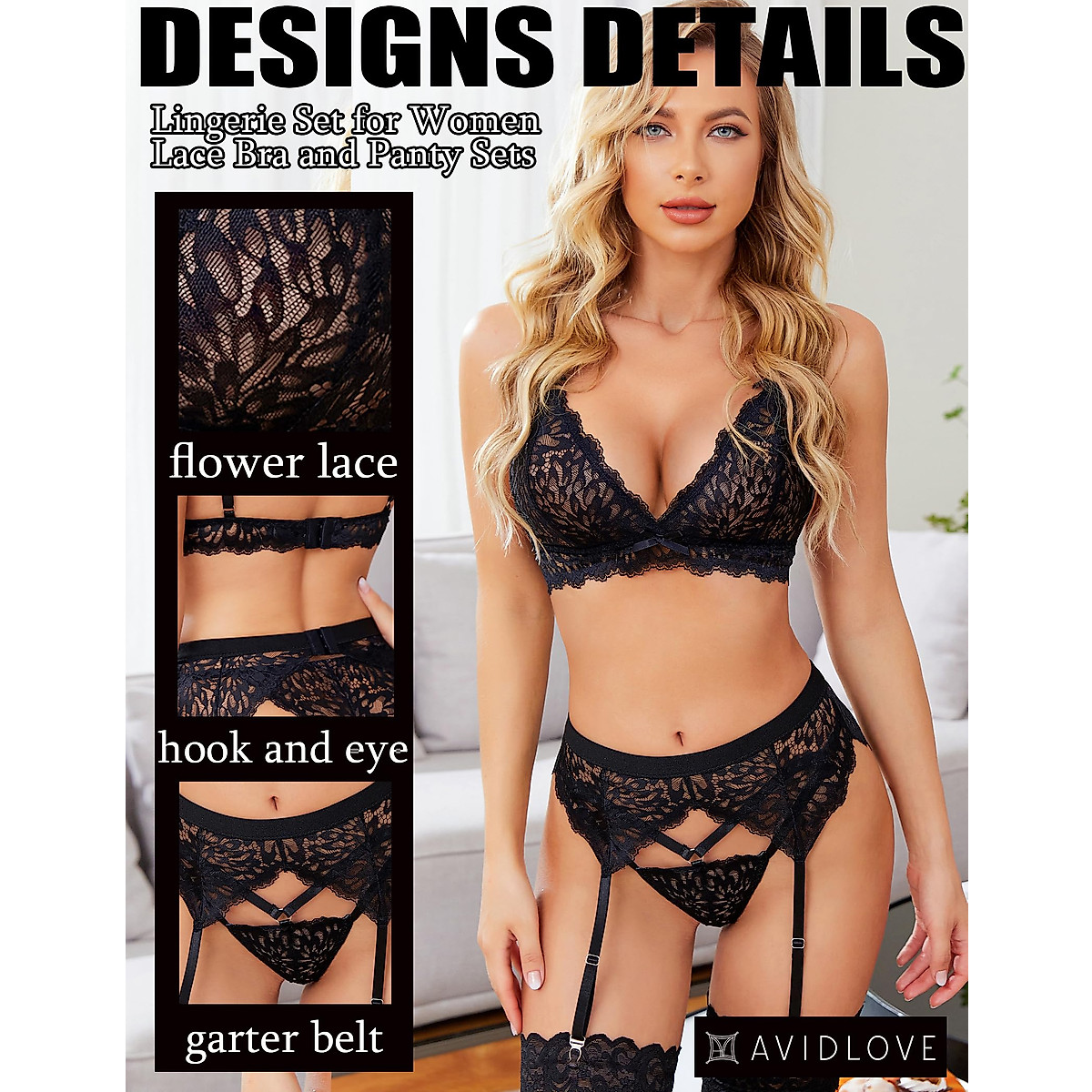 Avidlove Women Lingerie Set with Garter Belt Sexy Bralette Bra and Panty Set Floral Lace Underwear Garter Set Black S