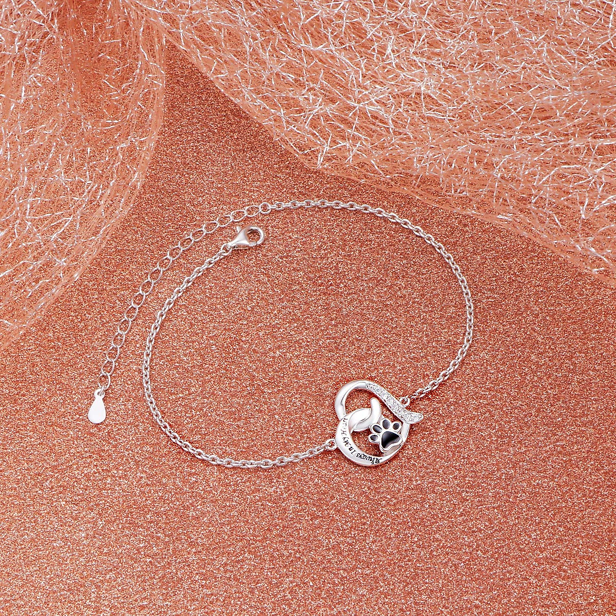 FLYOW 925 Sterling Silver Engraved Always In My Heart Cat Puppy Dog Paw Print Heart Bracelet Jewelry for Women Friends Pet Lover, 7 inch