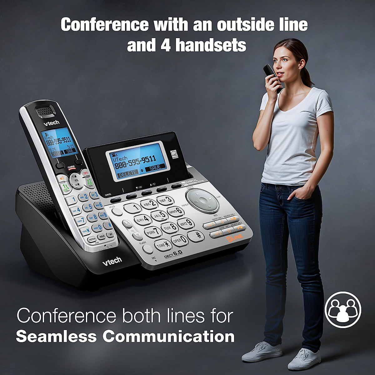 VTech DS6151-2 2 Handset 2-Line Cordless Phone System for Home or Small Business with Digital Answering System & Mailbox on each line, Silver