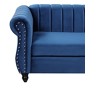 Tiokop Plush 51" Modern Style Dutch Fluff Double Seater Upholstered Sofa with Solid Wood Legs, Buttoned Tufted Backrest,Living Room Furniture for Apartment,Office and Lounge Area,Easy Assembly,Blue