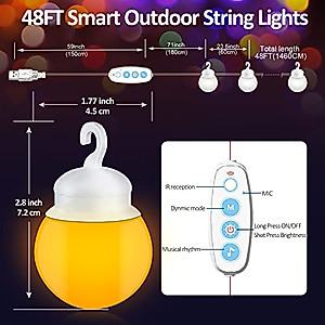 GAEFURY Smart Outdoor String Lights, 48FT RGB Patio String Lights with Bluetooth App & Remote Control, Color Changing Outdoor String Lights IP65 Waterproof for Patio, Balcony, Garden, Party