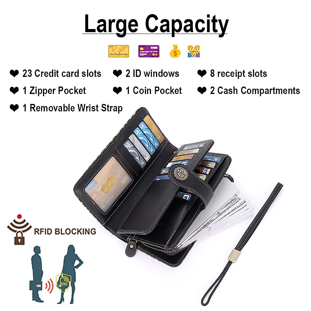 CLUCI Wallet for Women Leather Large Capacity Purse Wristlet Clutch RFID Blocking Credit Card Holder with ID Window Leopard