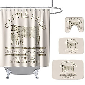 Final Friday Farmhouse Cattle Feed Cow Rustic Bathroom Sets with Shower Curtain 72Wx72H and Rugs and Accessories Decor with Bath Mat, U-Shaped Contour Velvet Washable 20 x 31 inches Ivory White