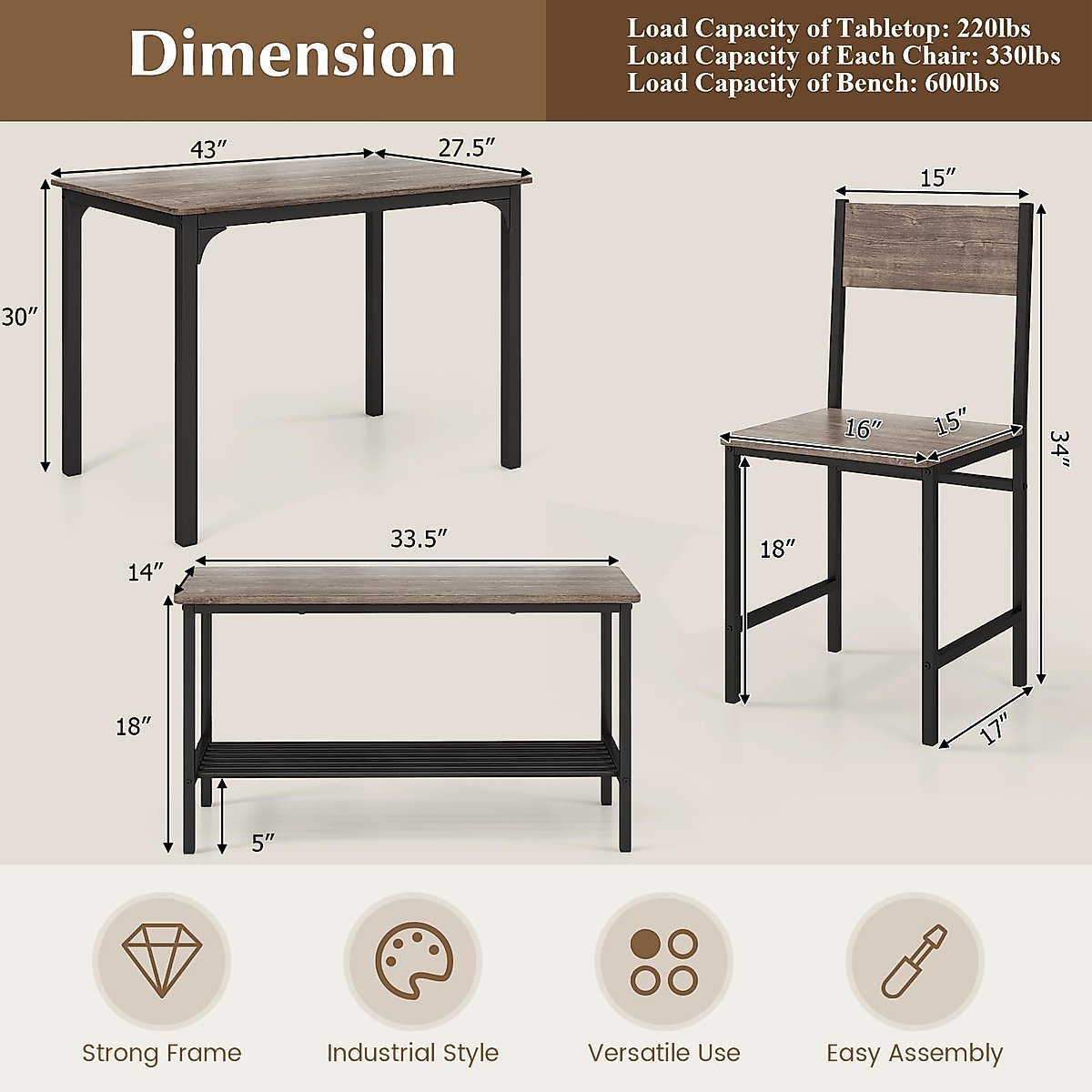 Tangkula Dining Table Set for 4, Kitchen Table and 2 Chairs for 4 with Bench, 4 Piece Dining Table Set for Small Space, Apartment