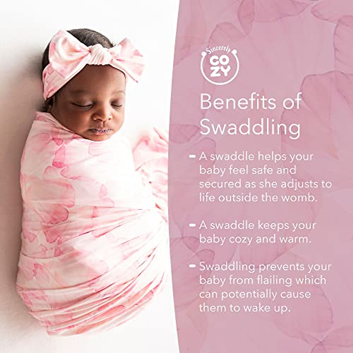 SINCERELY COZY – Baby Swaddle Blankets, Newborn Swaddle and Headband Set for 0-3 Months, Newborn Blankets for Baby Girls, Made of Bamboo Rayon, Rose Petal Love