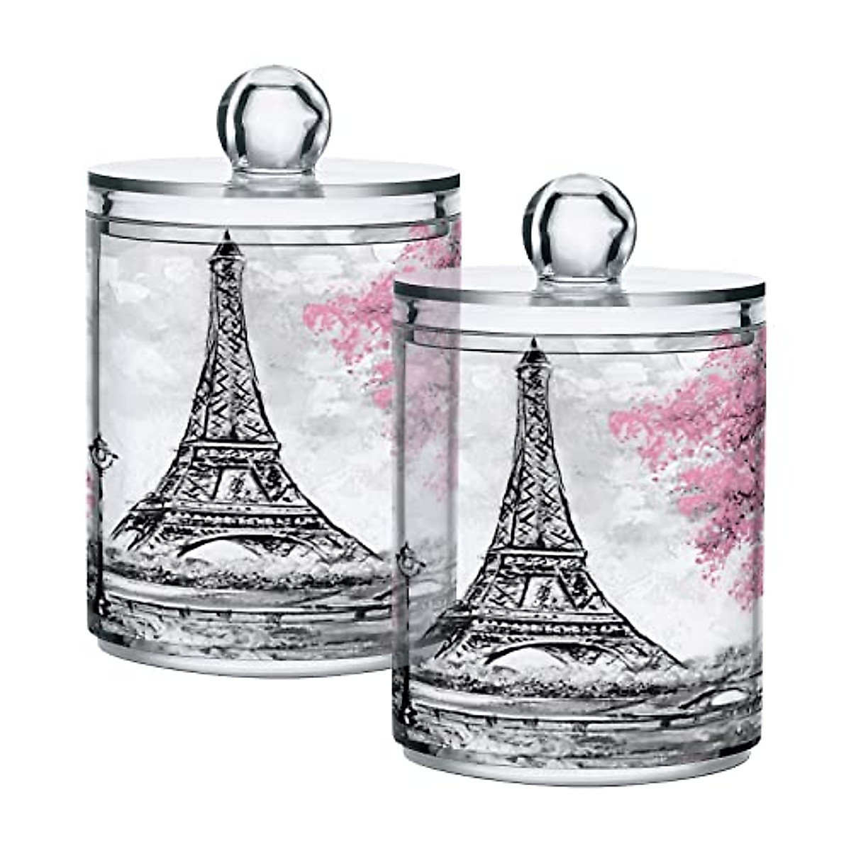 Nander 4Pack Qtip Holder Dispenser -Pink Paris Tower Clear Plastic Apothecary Jars Set - Restroom Bathroom Makeup Organizers Containers for Cotton Swab, Ball, Pads, Floss