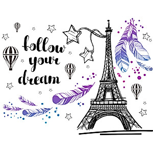 RW-4939 Giant Eiffel Tower Wall Decals Purple Feather Stars Vinyl Wall Stickers DIY Removable Balck Unique Paris Hot Air Balloons Stars Decor for Kids Teens Bedroom Living Room Nursery Decoration