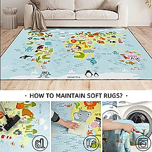 Kids Area Rug World Map Cute Animal Rugs Educational Floor Carpet for Boy Girl Machine Washable Area Rugs for Living Room, Bedroom, Playroom,8' x 10', Blue