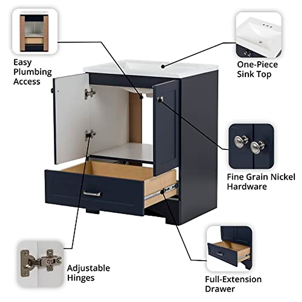 Spring Mill Cabinets Emlyn 24 Inch Bathroom Vanity with White Single Sink Top, 2-Door Cabinet, 1 Drawer, 24.5" W x 18.75" D x 32.89" H, Deep Blue