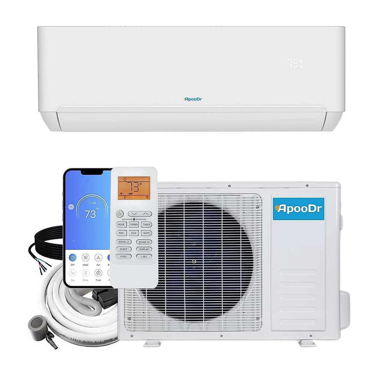 ApooDr AT-Pro Series 12,000 BTU 22 SEER2 Mini Split Air Conditioner Ductless Inverter System with Heat Pump 110V,Energy-Star Wi-Fi with 16 Ft. Kit