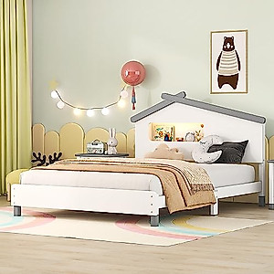 Harper & Bright Designs Full Bed Frames with House-Shaped Headboard, Wooden Kids Full Platform Bed Frame with Motion Activated Night Lights, Cute Single Full Bed for Girls Boys,White+Gray