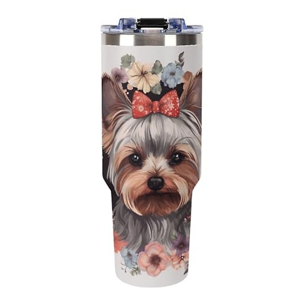 WYUSPGK 40oz Stainless Steel Car Mug, Yorkie Floral Print Travel Mug, Double-Wall Insulated with Straw, Perfect for Car, Office, Outdoor