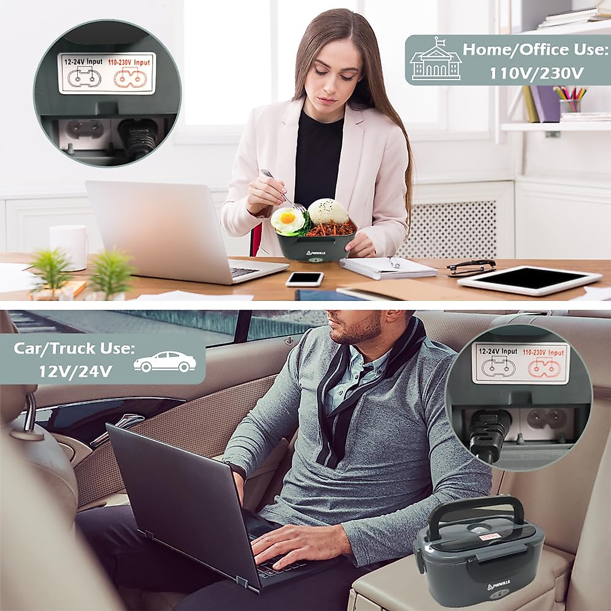 PHIWILLS 80W Electric Lunch Box 1.5L Container Food Warmer Heater, 12V/24V/110V Heated Lunchbox for Car/Truck/Work with 0.45L Compartment, Stainless Steel Spoon & Fork, Insulated Bag