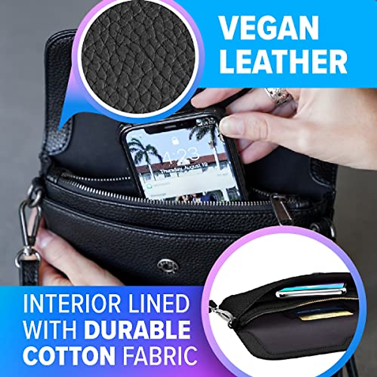 DefenderShield EMF Protection Clutch Purse - RFID Blocking Anti Radiation Crossbody Wristlet Handbag - Vegan Leather Bag, Black Pebble Grain