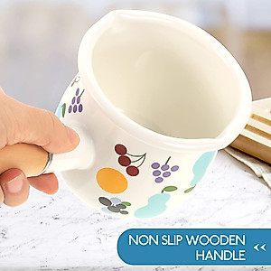 UPKOCH Enamel Milk Pot with Dual Pour Spout Mini Butter Warmer Enamel Saucepan Small Cookware with Wooden Handle Soup Pot Food Pot, White