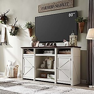 SinCiDo Farmhouse TV Stand for TVs Up to 80 inches, 39" Tall Highboy Entertainment Center w/Barn Door, Large Wood Rustic TV Console Cabinet w/Adjustable Shelves for Living Room, 70inch, White