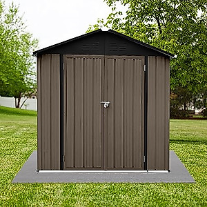 HOMLOVLY 6FT x 4FT Metal Storage Shed with Pent Roof,Outdoor Storage Shed with Double Lockable Doors,Waterproof Garden Shed Tool House for Backyard Patio Lawn, Brown