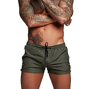 Rexcyril Men's Athletic Gym Workout Shorts 3 Inch Quick Dry Running Bodybuilding Short Shorts with Liner and Zipper Pockets, Army Green, Medium