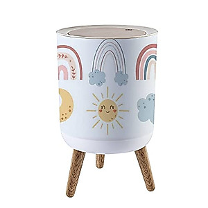 Small Trash Can with Lid Boho Rainbow Pastel spring kids clipart set moon and sun baby design Garbage Bin Round Waste Bin Press Cover Dog Proof Wastebasket for Kitchen Bathroom Living Room 1.8 Gallon