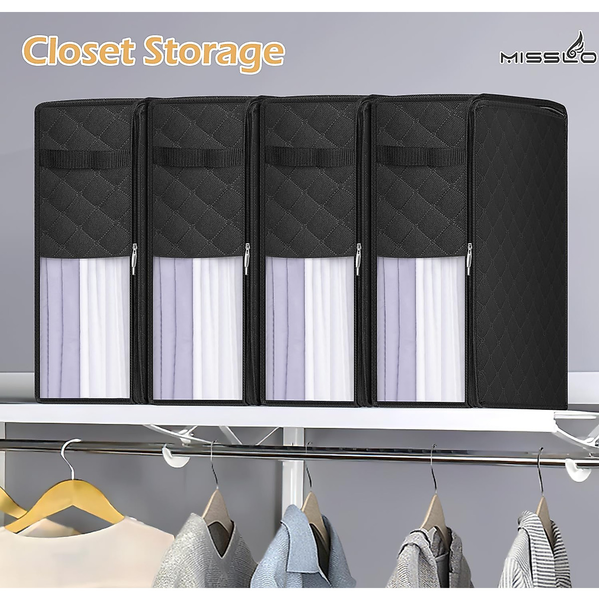 MISSLO Bed Sheet Organizers and Storage Queen/King Size Sheet Folder 4 Pack Linen Closet Organizer with Clear Window Blanket Storage Bags for Bedsheets, Pillow Cases, Towels, Clothes