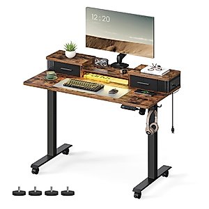 VASAGLE Electric Standing Desk with Drawers, Sit Stand Desk with Built-in Power Strip, Adjustable Height, 23.6 x 47.2 Inches, 2 Hooks, Memory Function, for Home Office, Rustic Brown ULSD182X21