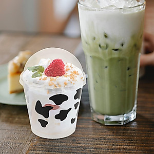 25pcs Clear Plastic Cups with Lids Mini Parfait Cups Dessert Cups Cow Print Yogurt Cups Party Cups for Fruit Ice Cream Clear Plastic Cups with Dome Lids for Home (200ml)