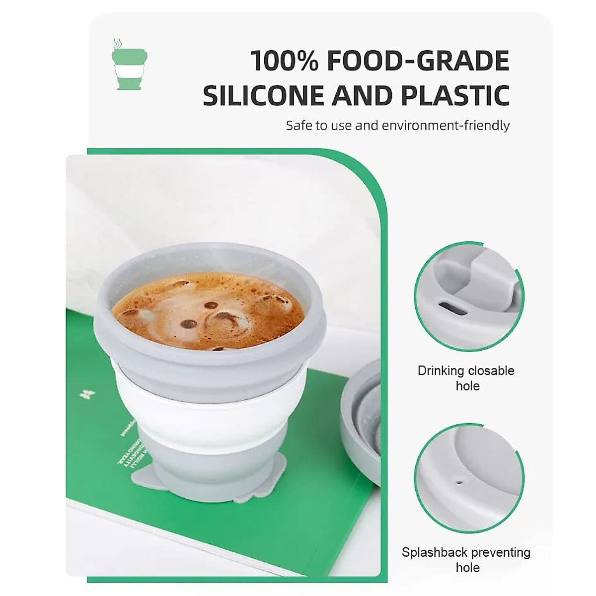 HOGOWARE travel coffee mug collapsible cup insulated tumbler smoothie with lid silicone reusable to go foldable silicon folding hot cold tea water- 12oz (Dark Gray)