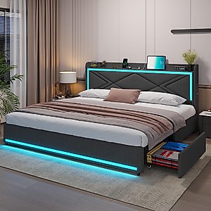 HAUOMS King Size LED Bed Frame with Storage Headboard and Charging Station, Upholstered King Platform Bed Frame with 4 Drawers, Upgraded 2-Row Support Bars, Noise Free, Dark Grey