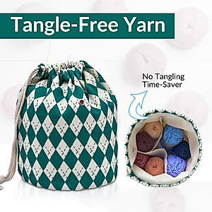 Peixty Small Yarn Bag with Two Pockets, Small Yarn Holder for Knitting & Crocheting, Portable Small Yarn Storage Bag for Small Crochet Projects, Stores Skein Balls, Needles, and Accessories-Green