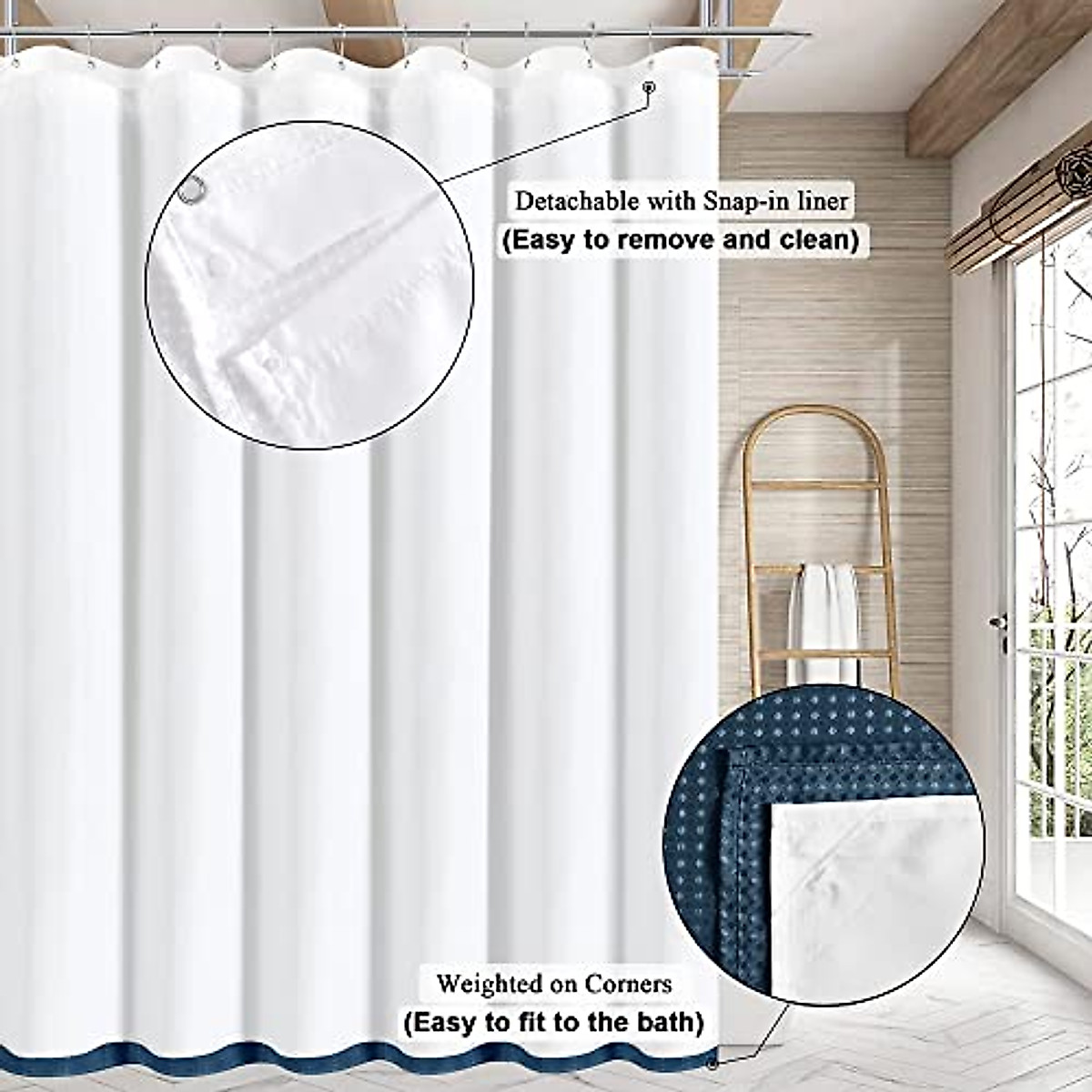 Navy Blue Shower Curtain with Liner Set Ombre Navy Blue and White Waffle Fabric Elegant Modern Heavy Duty Double Layers Hotel Style Decor Blue Shower Curtains for Bathroom, 72x72