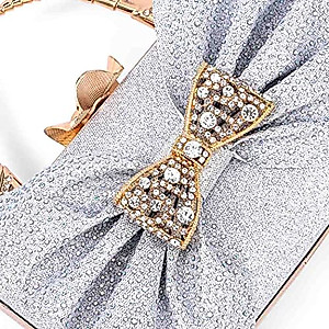 ELABEST Evening Clutch Bag Bowknot Ladies Party Handbag Bright Silver Crystal Purse Bow Design Shiny Bags For Bridal Wedding Cocktail Party (Silver)