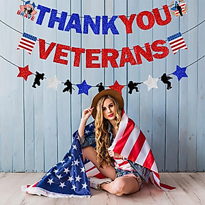 Glitter Veterans Day Decorations, NO-DIY Thank You Veterans Banner Garland, Happy Veterans Day Banner, Veterans Day Banner for Indoor Outdoor Veterans Day Decor Party, Patriotic Decorations