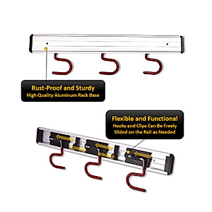 Mop Broom Holder Wall Mount QBOSO Aluminum Metal S Type Cleaning Tool Organizer Hanger Rack for Kitchen Garage Garden Holds Up to 5 Tools 17 In (3 Positions 2 Hooks Red black)