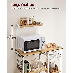 VASAGLE Baker's Rack, Microwave Stand, Kitchen Storage Rack with Wire Basket, 6 Hooks, and Shelves, for Spices, Pots, and Pans, Golden Oak and Cloud White UKKS035W09