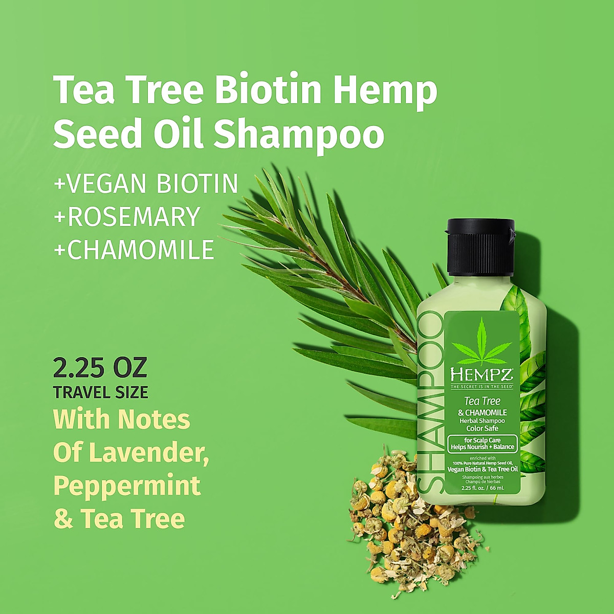 Hempz Biotin Hair Shampoo - Tea Tree & Chamomile - For Scalp Care Hair Growth & Strengthening of Dry, Damaged and Color Treated Hair, Hydrating, Softening, Moisturizing - Travel Size 2.25 Fl OZ