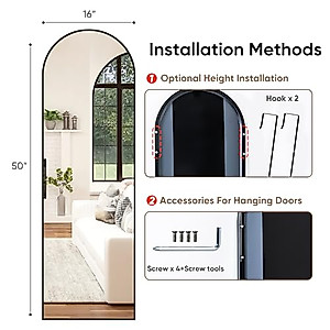 Antok Over The Door Mirror Full Length, 50"x16" Arched Top, Black, Modern Style, Space Theme, Explosion Proof, Tempered Glass, Wall & Door Hanging, Bedroom, Bathroom, Living Room