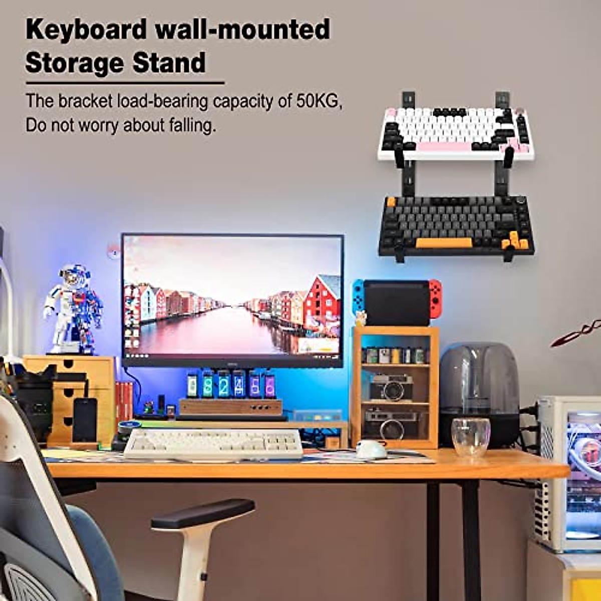 KXRORS Keyboard Stands Wall Mount Rack Board Display 2-Tier Mechanical Keyboard Display Stand, Adjustable Storage Layers Space Saving Design - No Keyboard