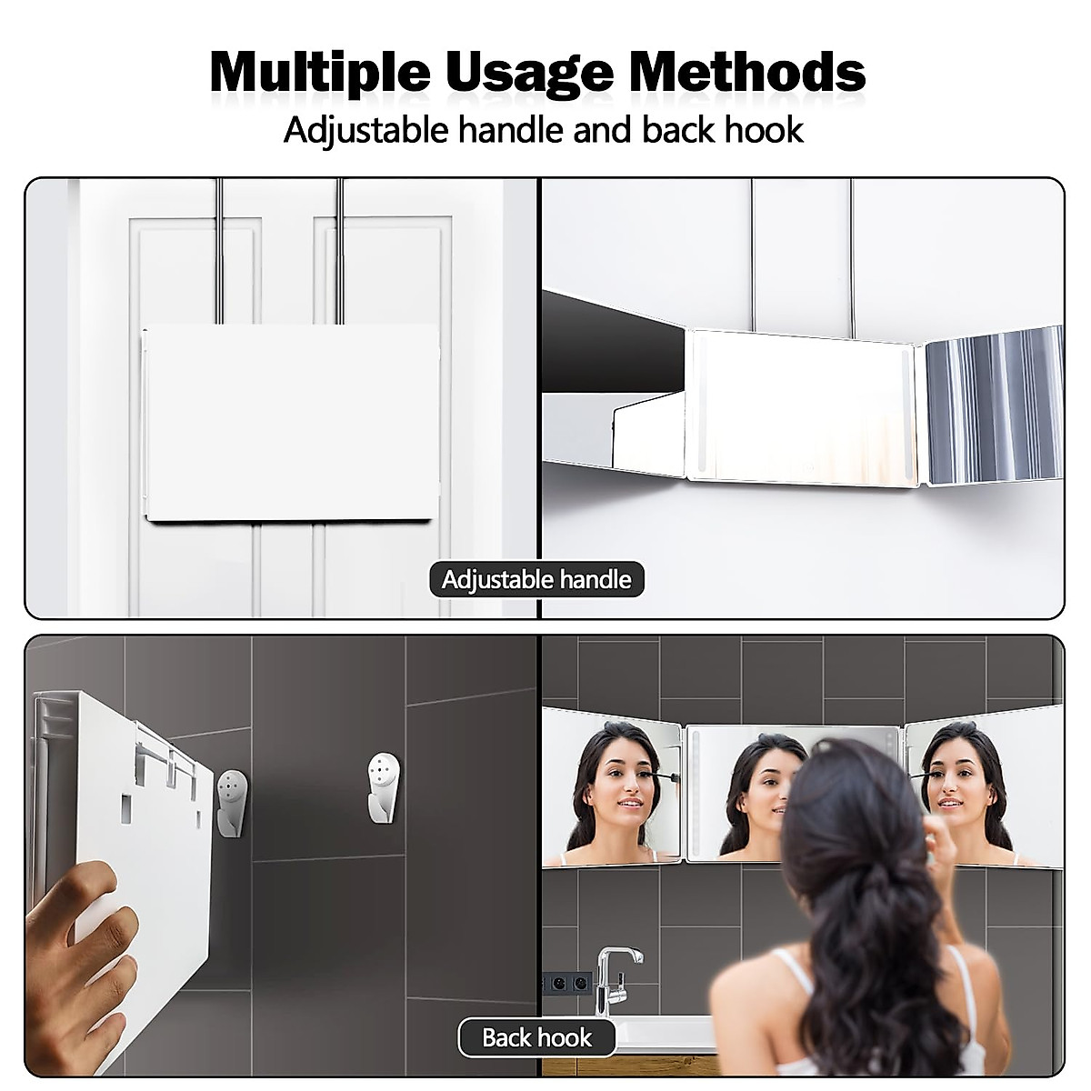 JANMPASK LED 3 Way Mirror for Self Hair Cutting Mirror Vanity Mirror Barber Supplies Accessories 360 Makeup Mirror with Light Trifold Mirror to See Back of Head (White with Light)