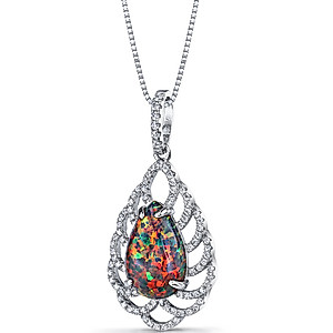 PEORA Created Black Fire Opal Vintage Teardrop Pendant Necklace for Women 925 Sterling Silver, Large 2.75 Carats total Pear Shape 15x10mm, with 18 inch Chain
