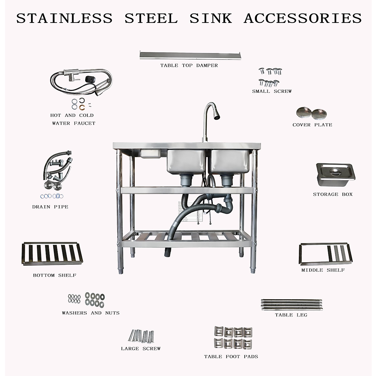Qian Kun Industrial Grade Left-Hand Utility Sink Station with 304 Stainless Steel Double Bowl - 39.3x19.7x35.4Inch - NSF Certified - Ideal for Outdoor, Commercial, Garage, and Kitchen Use
