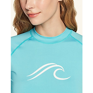 ATHLIO Women's UPF 50+ Rash Guard, Short Sleeve Surfing Swimsuit Top, UV/SPF Active Water Beach Swim Shirts, Wave Aqua, X-Large