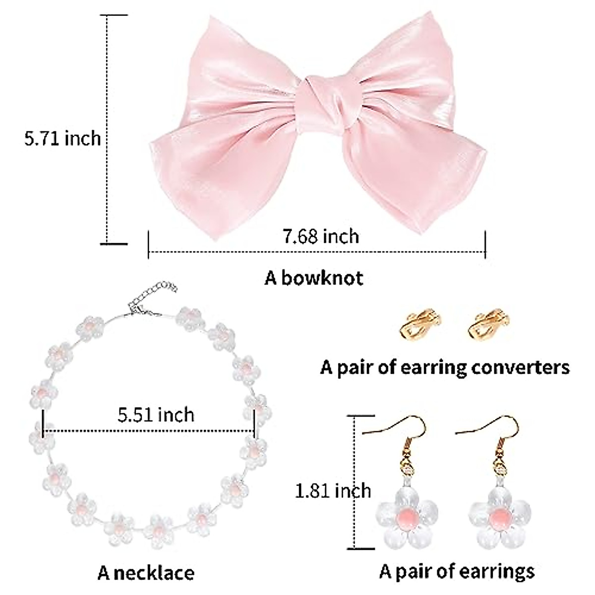 WeKen Women Girls Hair Bow Clip+Pink Ba-bie Flower Necklace Earrings Set Girls Costume Dress Up Accessories for Girls Women 3 Piece (Wig not Included)