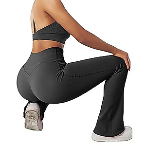 SUUKSESS Women Ribbed Seamless Tummy Control Flare Leggings Bootcut High Waist Workout Yoga Pants 29'' (Black,M)