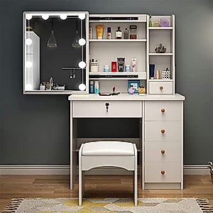 Saicheng White Makeup Vanity Set with Sliding Lighted Mirror ,Dressing Table with 5 Storage Drawers Shelves , Dresser Desk & Cushioned Stool Set for Bedroom