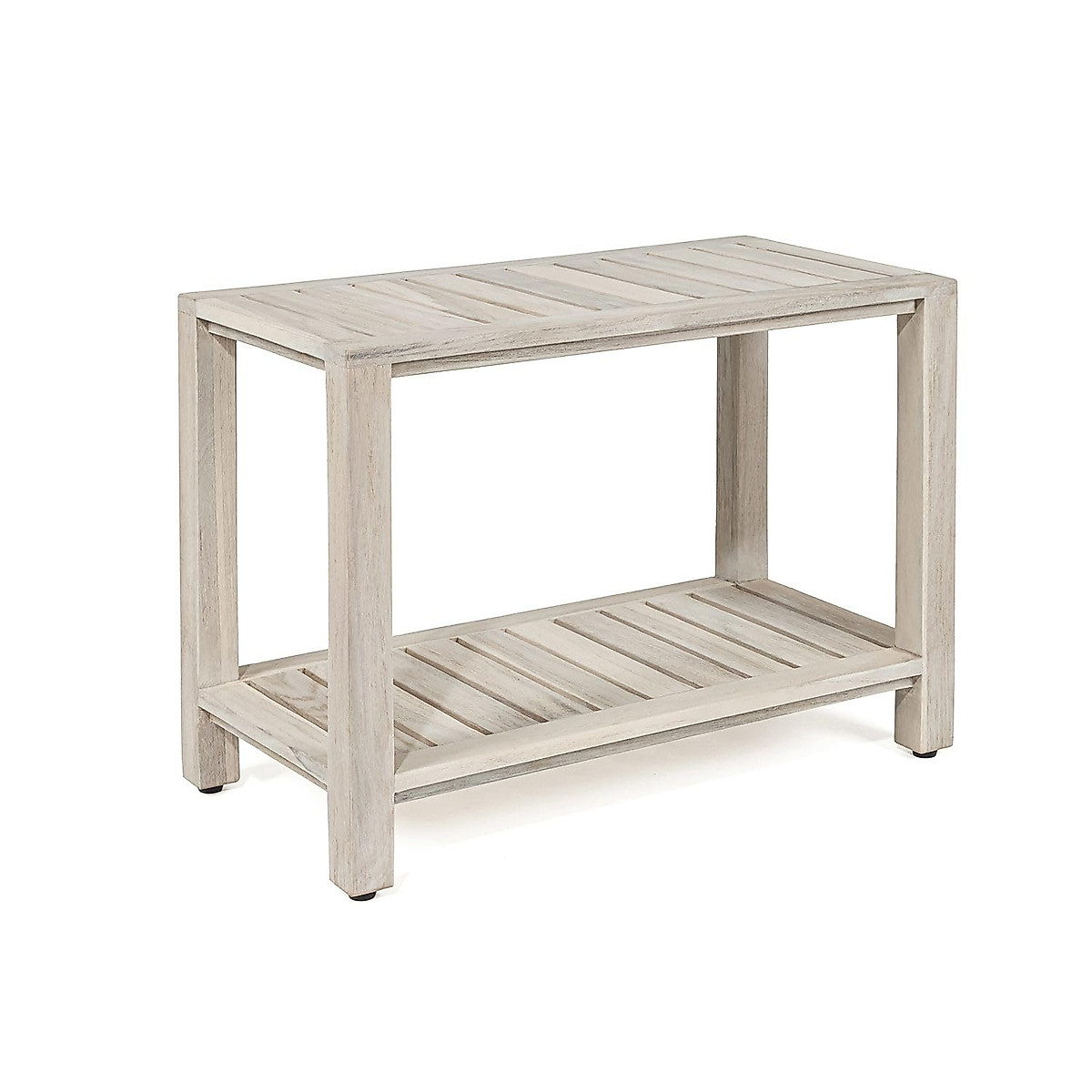 TeakCraft Gray Teak Shower Bench with Shelf 24 Inch for Bathroom, Spa - Fully Assembled, Shower Stool, Rustic Gray Finish, The Luni
