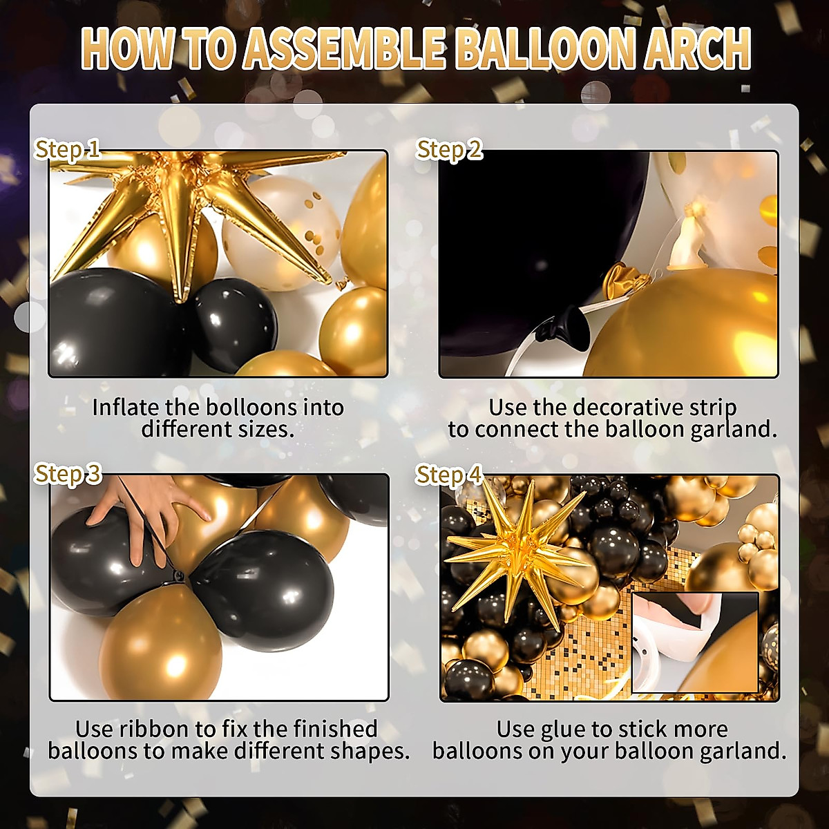 164Pcs Black and Gold Balloons Garland Arch Kit,Black and Gold Balloons with Gold Star Balloons, Black Gold Confetti Latex Balloons, for Graduation Retirement Anniversary Birthday Party Decorations