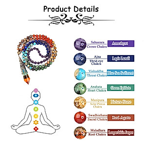 GEHECRST Natural 7 Chakra 108 Mala Prayer Beads Necklace with Reiki 12 Faceted Healing Crystal Pointed Pendant Multilayer 6mm Gemstones Beads Bracelet Mens Women Jewelry for Meditation, Protection