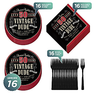 Vintage Dude 50th Birthday Party Supplies - 50th Milestone Dessert Plates, Napkins, and Forks (Serves 16) - Old Man Vintage Party Tableware