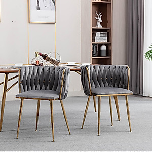 TXFTRR Velvet Dining Chairs Set of 2, Velvet Dining Chair with Woven Hollow Backrest Design, Modern Dining Chair Set with Gold Metal Legs, Upholstered Velvet Chairs for Dining Room, Living Room